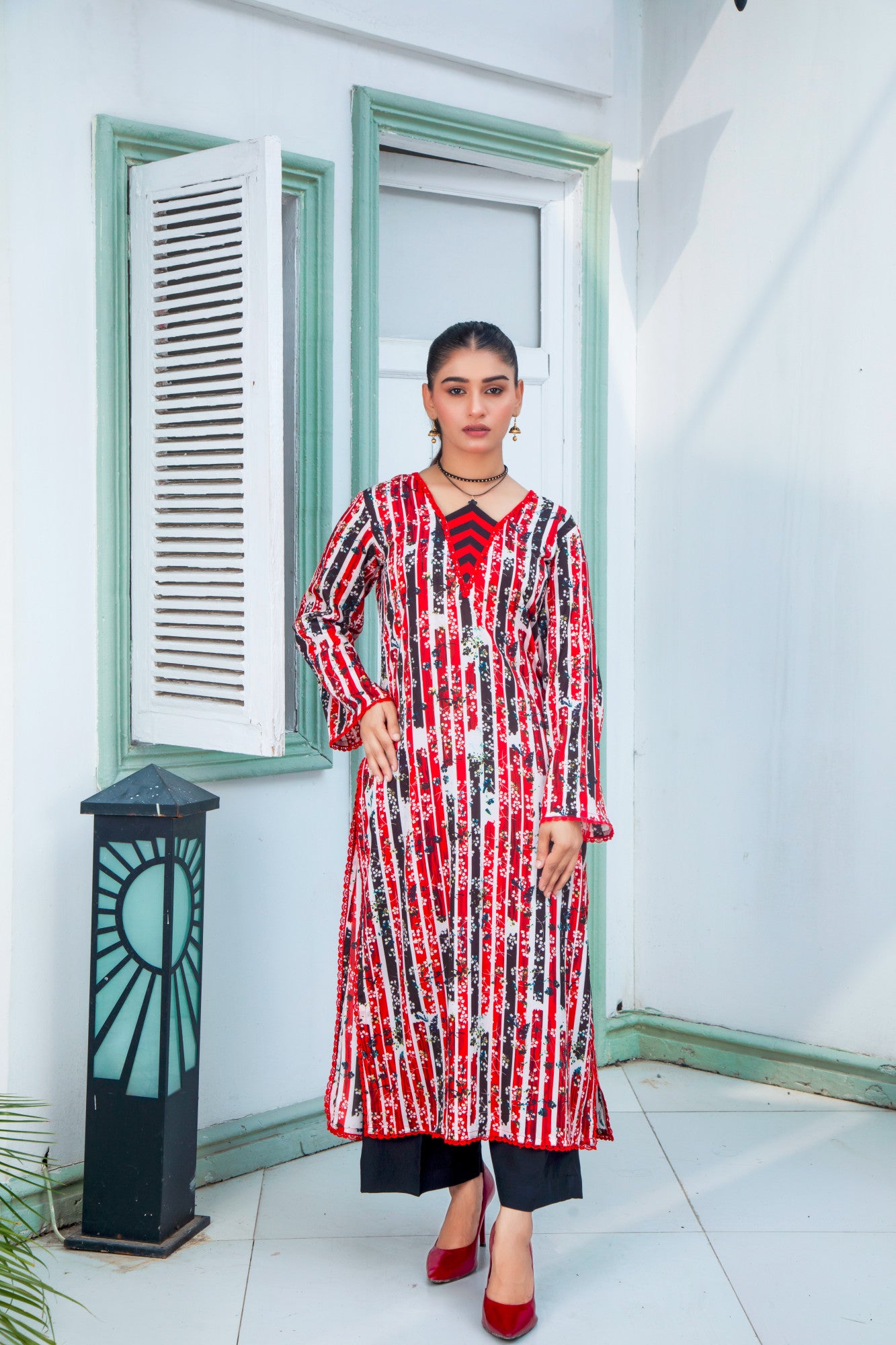 Crimson Stripes – casual dress ladies – Nayyab studio